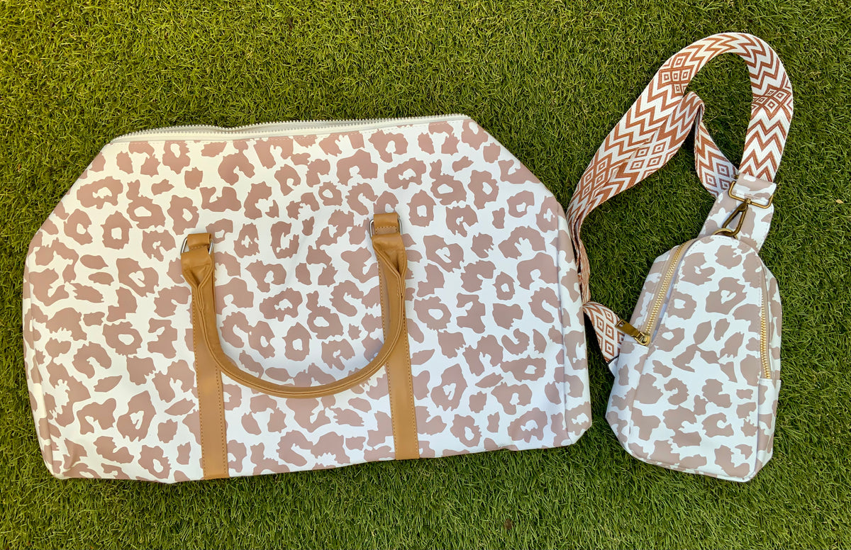 Jolie White and Tan Leopard Weekender Bag with Shoulder Strap ...